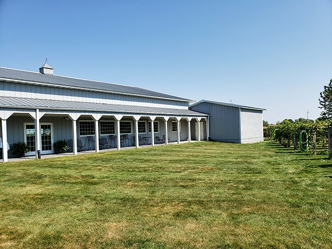 A vineyard oasis in the heart of Illinois? You bet your grapes! Lavender Crest Winery's charming exterior invites you to sip, savor, and forget you're in corn country.