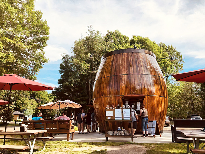 A barrel of fun! This giant wooden wonder stands tall, inviting visitors to sip on nostalgia and savor a slice of Americana.