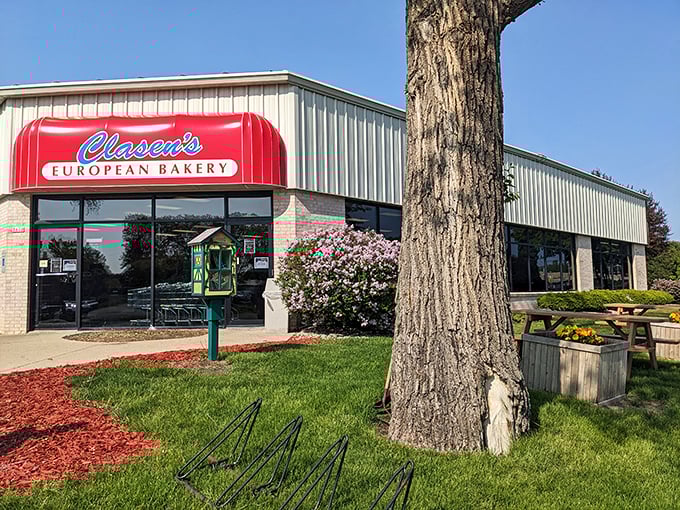 Welcome to carb heaven! Clasen's European Bakery stands proud, its red awning a beacon of hope for pastry pilgrims seeking Old World flavors in the heart of Wisconsin.