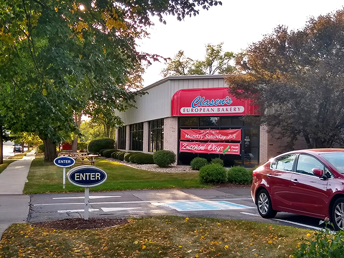 Clasen's European Bakery: Where the "ENTER" signs are as inviting as the aroma of fresh pastries, and autumn leaves frame a slice of European charm in the heart of Wisconsin.