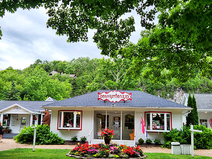 Welcome to sugar paradise! Door County Confectionery's charming exterior promises sweet adventures within, like Willy Wonka's factory transplanted to small-town Wisconsin.