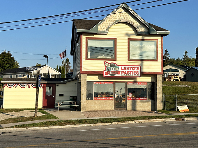 Welcome to pasty paradise! Lehto's charming yellow exterior beckons like a beacon of comfort food, promising flaky, savory delights within.