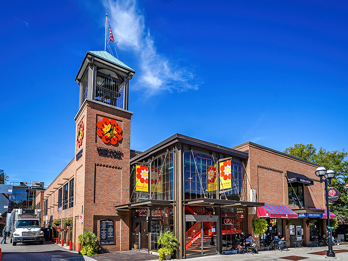 Brick and mortar meets musical magic! Kerrytown's clock tower stands tall, promising a symphony of shopping and chiming delights.