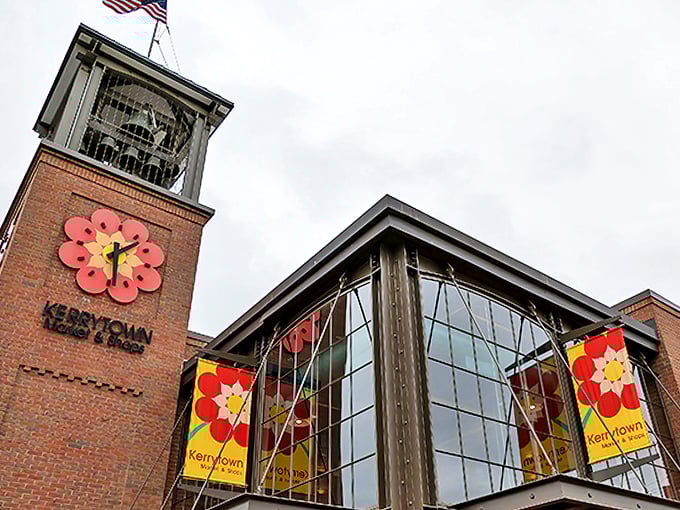 Brick and mortar meets musical magic! Kerrytown's clock tower stands tall, promising a symphony of shopping and chiming delights.