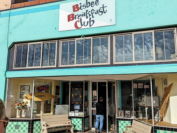Welcome to breakfast paradise! The Bisbee Breakfast Club's turquoise exterior is like a beacon of hope for hungry souls.
