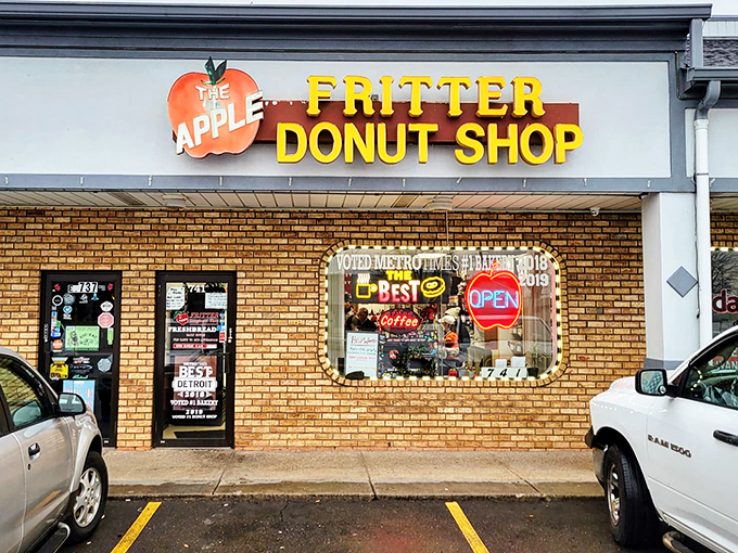 Welcome to donut paradise! The Apple Fritter Donut Shop's unassuming exterior hides a world of sugary delights, like a treasure chest of fried dough goodness.