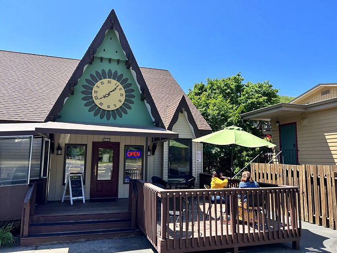 A Swiss chalet in Michigan? This charming bakery's exterior is like finding a slice of the Alps in the Midwest. Cuckoo clocks not included!