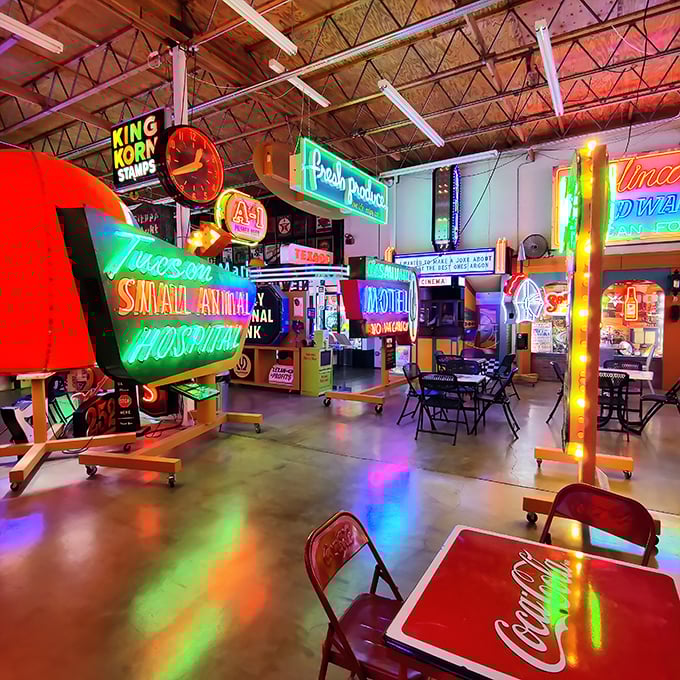 Step into a time machine powered by neon! This dazzling display is like Vegas met a 1950s diner and decided to throw the party of the century.