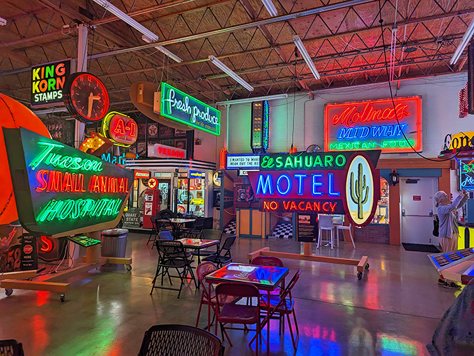 Step into a time machine powered by neon! This dazzling display is like Vegas met a 1950s diner and decided to throw the party of the century.