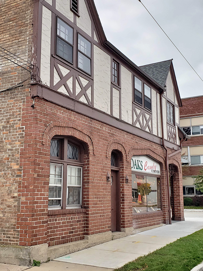 A Tudor-style time machine! Oaks Candy Corner's charming facade promises sweet adventures within. It's like Willy Wonka set up shop in a medieval village.