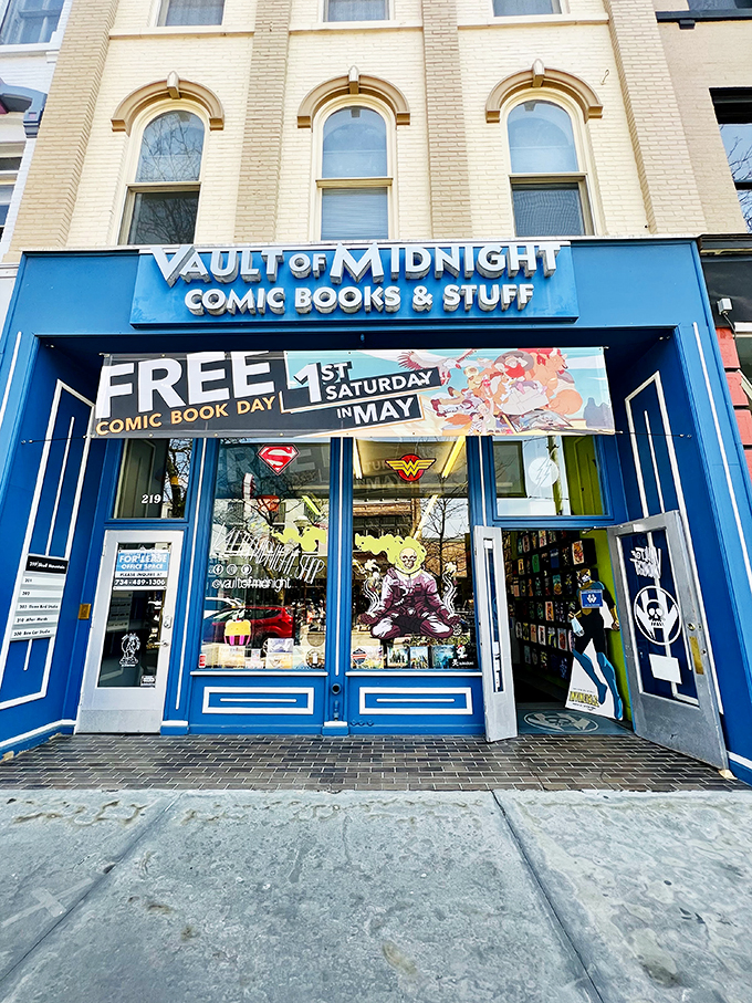 Holy comic book heaven, Batman! Vault of Midnight's electric blue fa&ccedil;ade is like a beacon for geeks and dreamers alike.