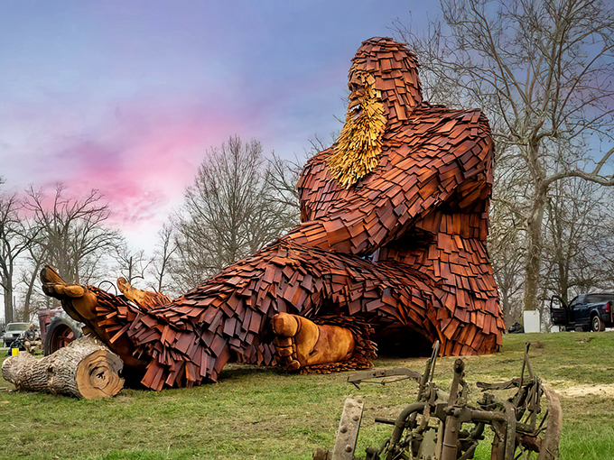 "Bigfoot's gone country! This wooden wonder proves even mythical creatures can't resist the allure of farm life."
