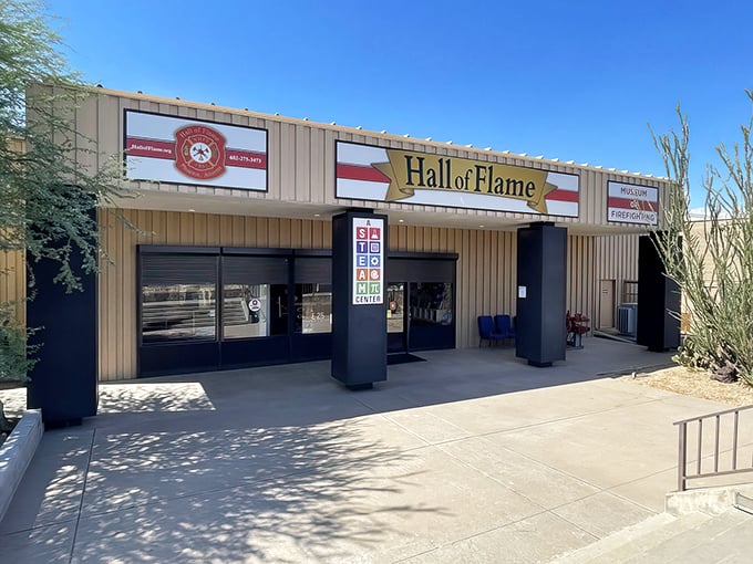"Hall of Flame" - where firefighting history gets lit! This unassuming exterior houses a treasure trove of fiery tales and gleaming trucks.