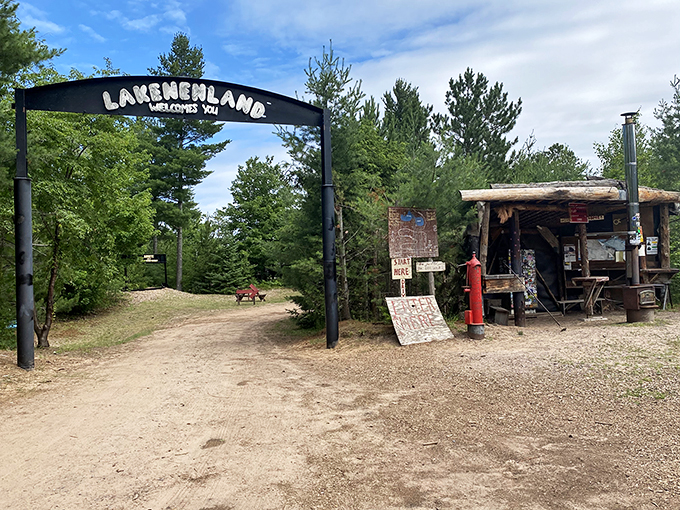 Where scrap metal dreams come true! This quirky entrance arch sets the tone for a whimsical journey through one man's imaginative wonderland. It's like Willy Wonka traded chocolate for welding torches.