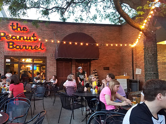 Welcome to flavor town! The Peanut Barrel's inviting exterior promises a cozy retreat from the bustling streets of East Lansing.