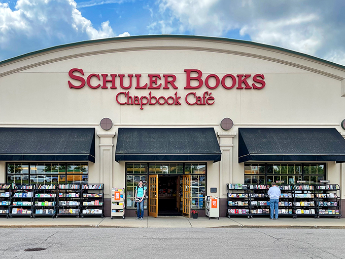 Welcome to book heaven! Schuler Books' inviting facade promises literary adventures and caffeinated bliss within.
