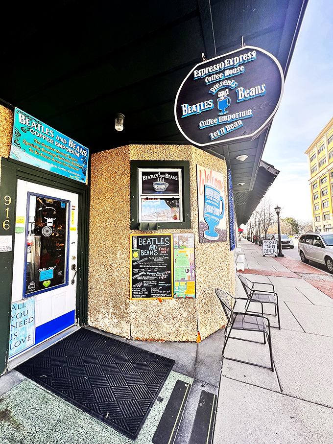Step into a time machine, folks! This groovy storefront is where the Fab Four meets your morning brew.