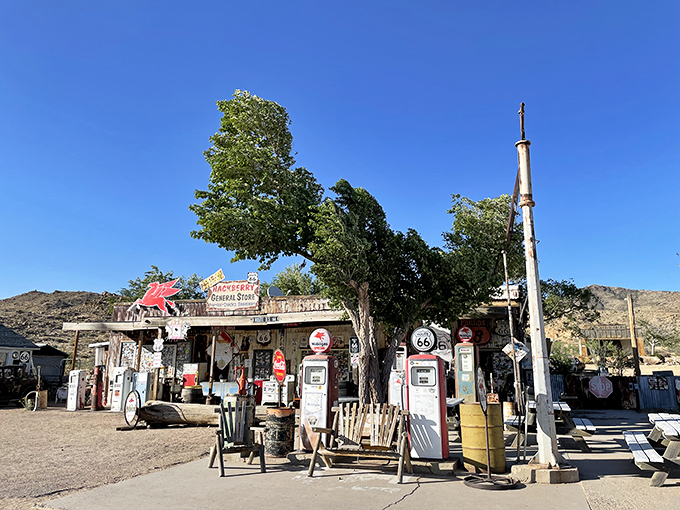 Welcome to the Hackberry General Store, where Route 66 nostalgia comes alive! This time capsule of Americana is like stepping into a road trip dream, complete with vintage gas pumps and a winged mascot.
