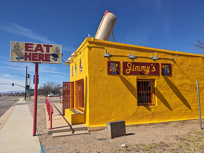 A sunshine-yellow oasis in the desert! Jimmy's Hot Dog Co. beckons with its cheerful exterior and promise of Chicago-style delights. Talk about a wiener wonderland!