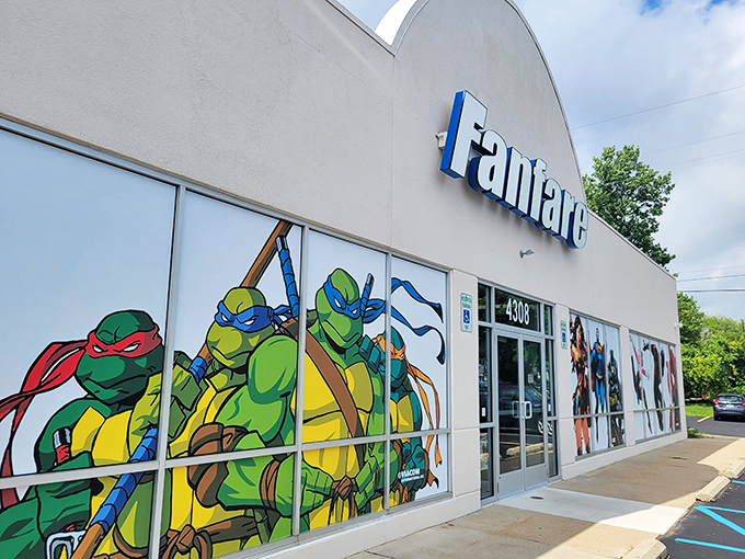 Holy comic book covers, Batman! Fanfare's exterior is a superhero's dream come true, with larger-than-life characters leaping off the walls.