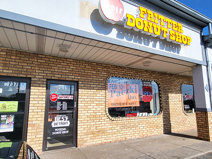 Welcome to donut paradise! The Apple Fritter Donut Shop's unassuming exterior hides a world of sugary delights, like a treasure chest of fried dough goodness.