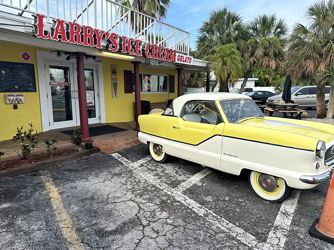 Step back in time! Larry's Ice Cream & Gelatos greets you with a sunny yellow exterior and a classic car that's cooler than James Dean's pompadour.