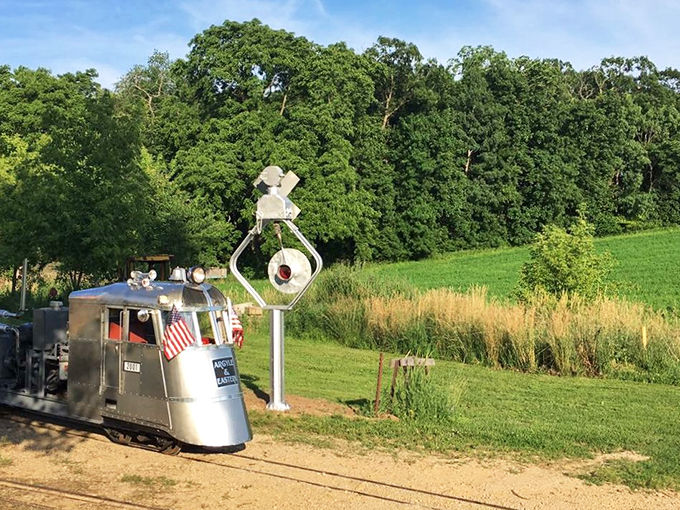 All aboard the mini express! Toy Train Barn's outdoor ride offers a slice of Americana, complete with patriotic flair and scenic views.