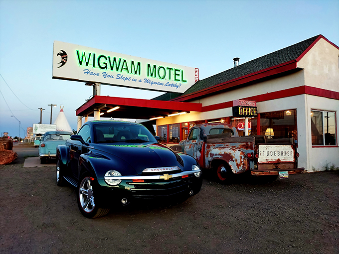 Welcome to the Wigwam Motel, where Route 66 meets Bedrock! This neon-lit time capsule is the perfect pit stop for road-trippers and nostalgia seekers alike.