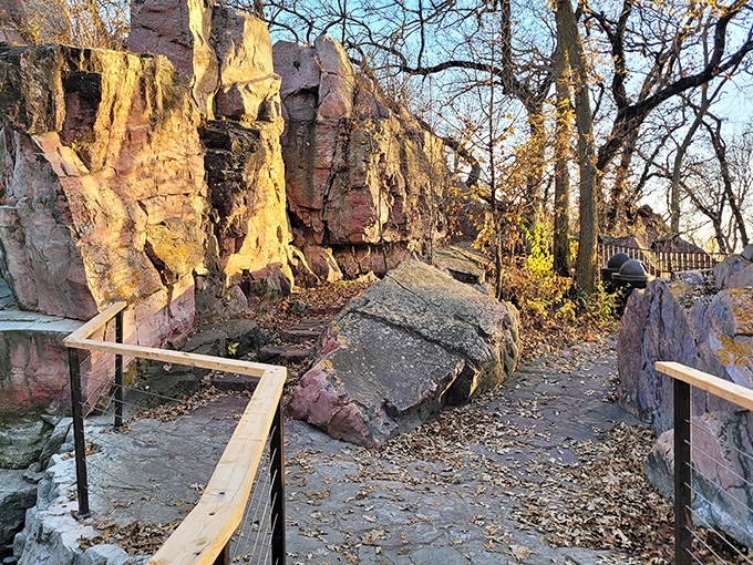 Nature's own rock garden! This winding path through Pipestone's quartzite cliffs feels like stepping into a geological storybook. Indiana Jones, eat your heart out.
