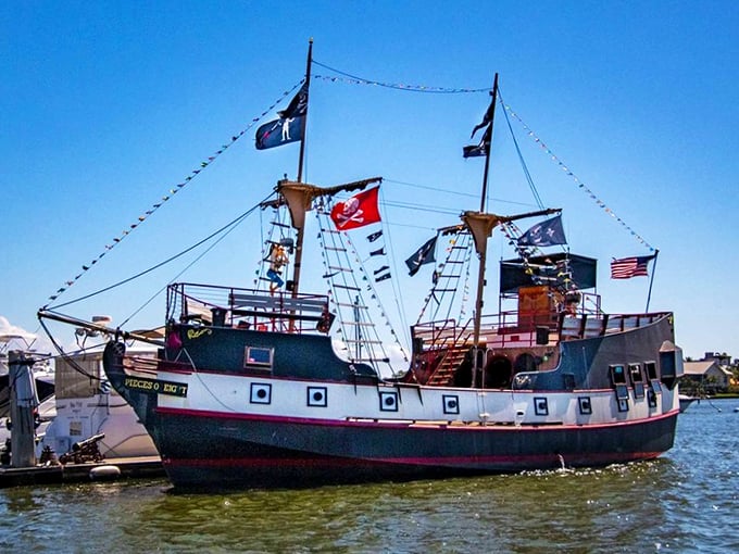 Ahoy, matey! This isn't your average fishing boat. The "Pieces of Eight" stands ready to whisk landlubbers away on a swashbuckling adventure that'll shiver your timbers.