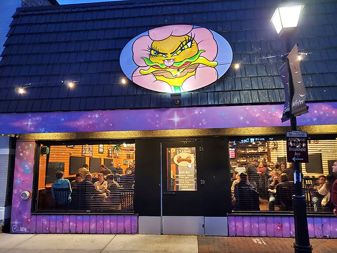 Welcome to burger paradise! This cosmic facade promises a flavor adventure that's out of this world.