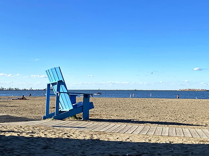 "Who needs a tropical getaway? This giant blue chair is your ticket to relaxation, Ohio-style. Just don't forget your sunscreen &ndash; Lake Erie doesn't mess around!"