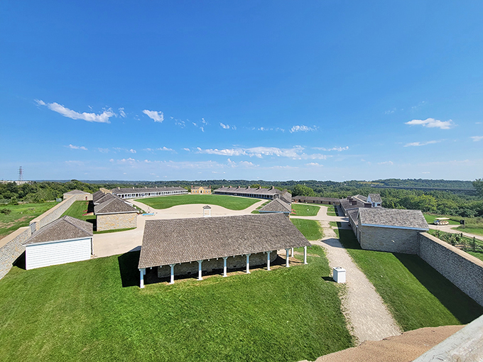 A bird's-eye view that'll make your inner history buff soar! Fort Snelling's sprawling grounds unfold like a time-traveler's playground, inviting you to step back two centuries.