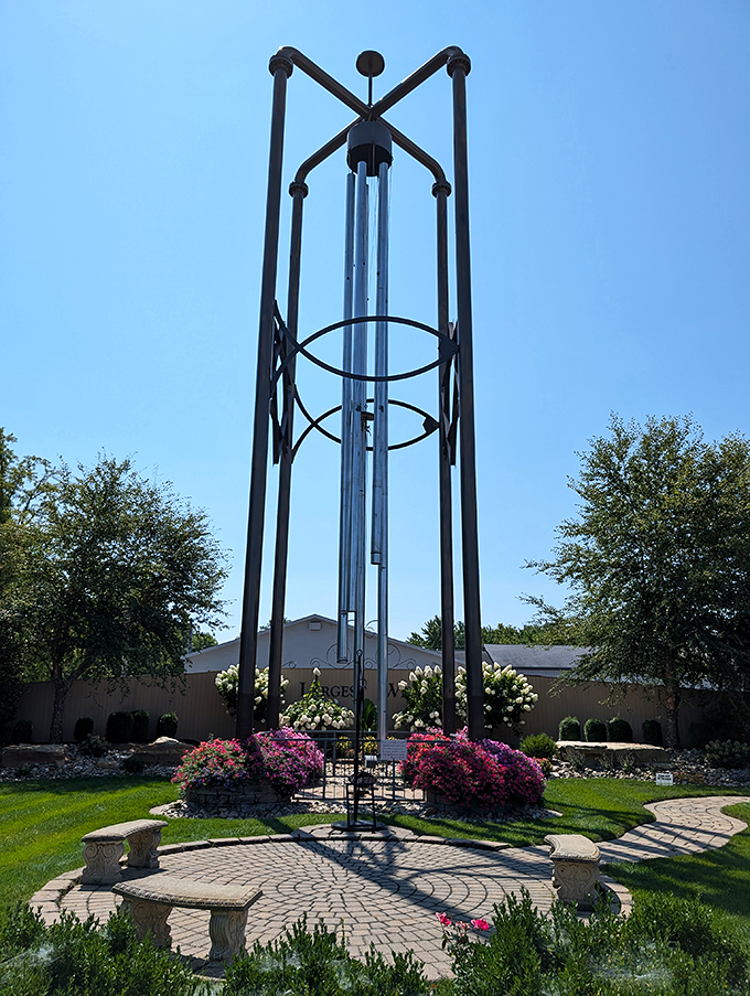Reaching for the sky, this colossal wind chime stands as a testament to small-town ingenuity. It's like the Eiffel Tower decided to take up music lessons!