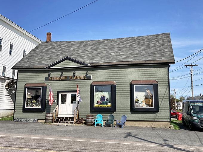 A plaid paradise awaits! This charming green building houses more flannel than you can shake a maple syrup bottle at. Welcome to Vermont's coziest corner!