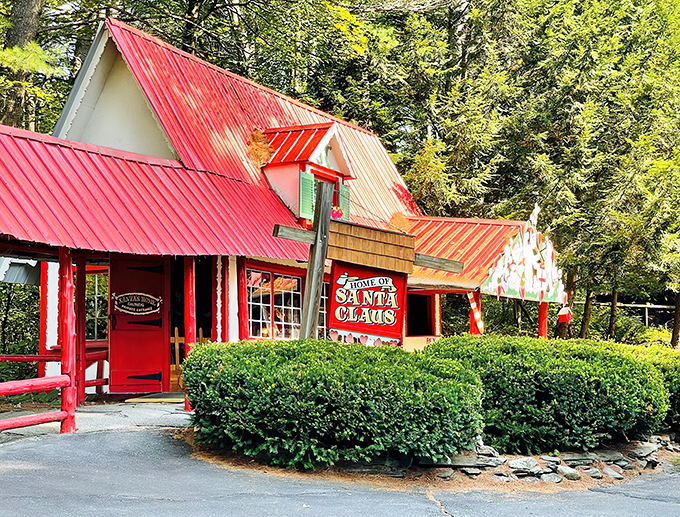 Santa's workshop or cozy ski chalet? This charming red-roofed building is where Christmas dreams come to life, even in July!