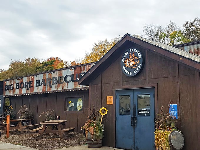 Welcome to BBQ paradise! Big Bore Barbecue's rustic exterior promises smoky delights within, like a carnivore's Narnia hiding behind an unassuming wardrobe.