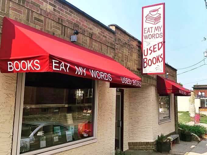 Welcome to literary heaven! Eat My Words Bookstore's vibrant red awning beckons bibliophiles like a siren call to sailors of yore.