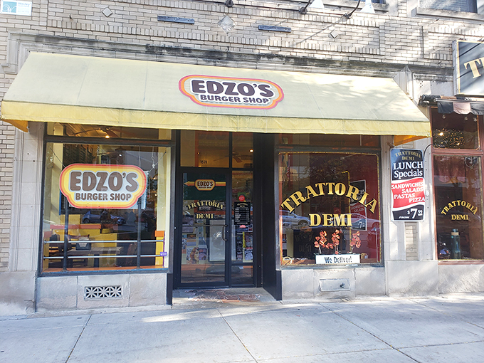 Welcome to burger paradise! Edzo's yellow awning beckons like a beacon of hope for hungry souls in Evanston.
