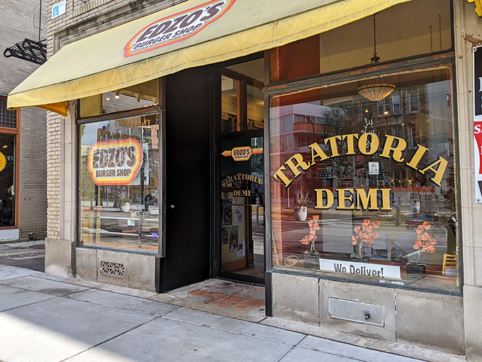 Welcome to burger paradise! Edzo's yellow awning beckons like a beacon of hope for hungry souls in Evanston.