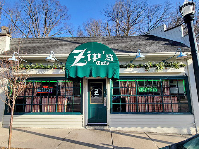 Step into a time machine disguised as a diner! Zip's Cafe's classic green awning and vintage signage transport you to a simpler era of comfort food and community.