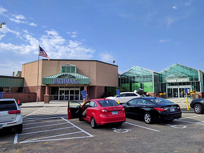 Welcome to plant paradise! Bachman's exterior is like the cover of a gardening magazine come to life, complete with an American flag that practically screams "freedom to grow!"