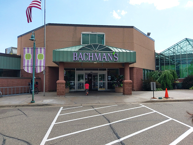 Welcome to plant paradise! Bachman's exterior is like the cover of a gardening magazine come to life, complete with an American flag that practically screams "freedom to grow!"