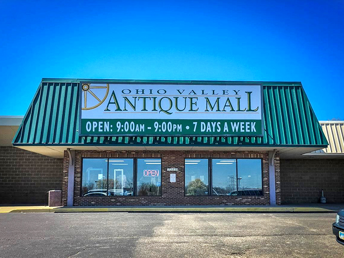 Welcome to the time machine disguised as a mall! Ohio Valley Antique Mall's inviting facade promises treasures from every era, open 12 hours daily for your nostalgic pleasure.