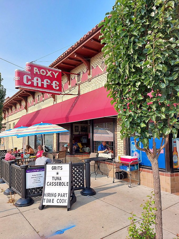 Step into a time machine disguised as a diner! The Roxy Cafe's classic exterior promises a journey back to when breakfast was king and calories were just a twinkle in nutritionists' eyes.