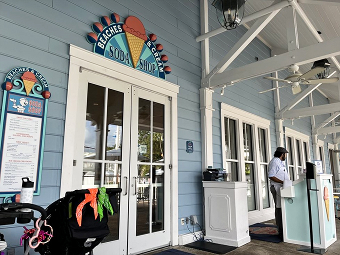 "To-go or not to-go?" That is the question at this charming beachside window. Grab a quick treat and hit the sand, or settle in for a full-fledged ice cream adventure?