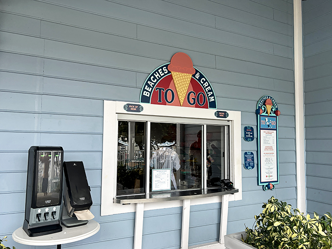 "To-go or not to-go?" That is the question at this charming beachside window. Grab a quick treat and hit the sand, or settle in for a full-fledged ice cream adventure?