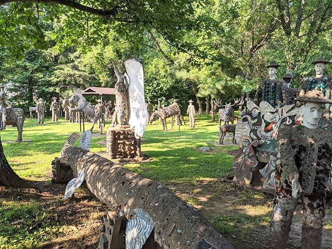 It's like a concrete comic con! Superheroes, cowboys, and... is that a dinosaur? Fred Smith's imagination knew no bounds &ndash; or species, apparently.