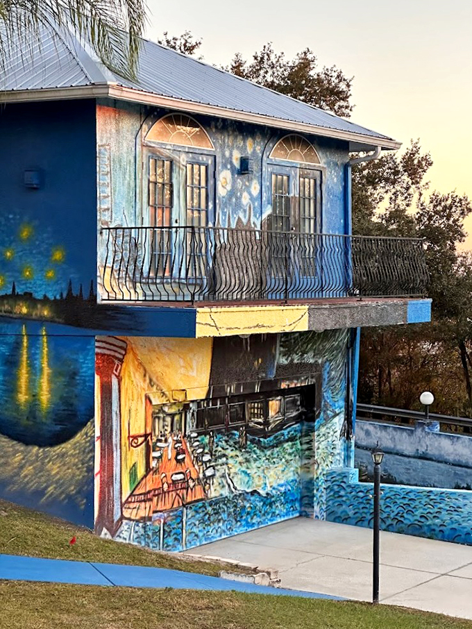 As the sun sets, the house comes alive. It's like watching Van Gogh's paintings perform a magical twilight ballet.