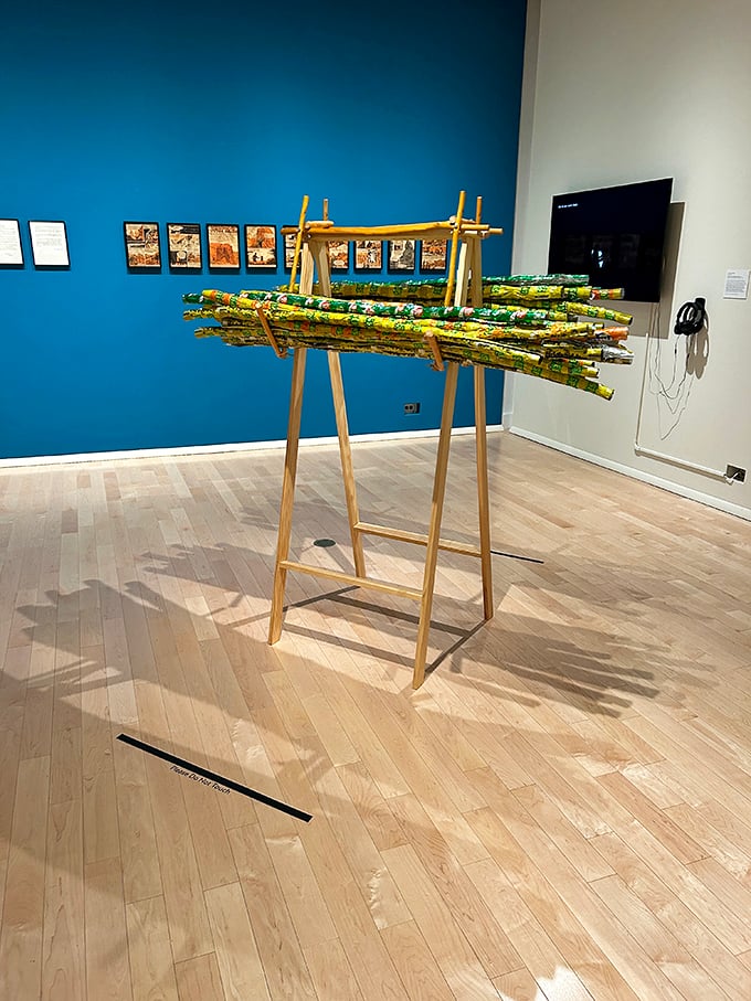 Nature meets nurture in this captivating installation. It's like someone decided to bring a bit of Vermont's great outdoors inside for a gallery sleepover.